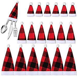 Santa Hat Silverware Holders - Plaid Christmas Santa Hats Silverware Holders - Christmas Silverware Holder Pockets Mini Santa Hats for Candy, Red Wine Bottle Cutlery Party Dinner Table