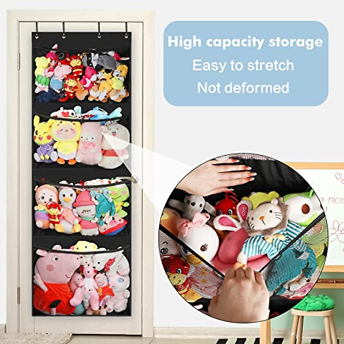 Melpler Stuffed Animal Storage - Stuffed Animal Holder, Hanging Stuffed Animal Organizer for Nursery, Over the Door Organizer for Stuffies, Toy Plush Storage with 4 Hooks 3 Support Rods(Black)