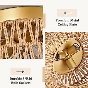 Rattan Light Fixtures Ceiling Mount, 3-Lights Boho Flush Mount Ceiling Light, Hand-Woven Cage Shade Lamp Lighting, Rustic Rattan Chandelier for Hallway Bedroom Kitchen Farmhouse Foyer Entryway (Gold)