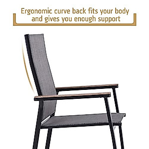 MFSTUDIO 2 PCS Aluminium Patio Dining Chairs Set,Textilene Outdoor Stackable Chairs with Wooden Armest for Garden, Poolside, Backyard,Grey