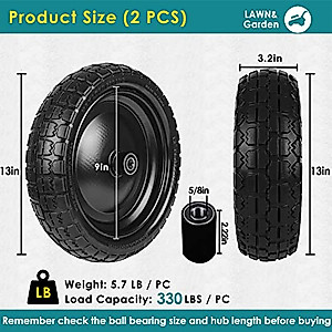 13" Solid Flat Free Tires and Wheels 2 Pcs, 3.50-9 Rubber Tire Replacement Axle Bore Hole, Air less Wheel for Hand Truck/Trolley/Garden Cart/Lawn Mower/Wheelbarrow, 2Packs, Black