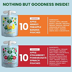 GoGo squeeZ Happy tummieZ Variety Pack, Organic Apple Mango Pineapple Banana & Apple Strawberry Pomegrenate Spinach, 3.2 oz (Pack of 20), Kids Snacks with Prebiotic Fiber, Gluten, Nut & Dairy Free