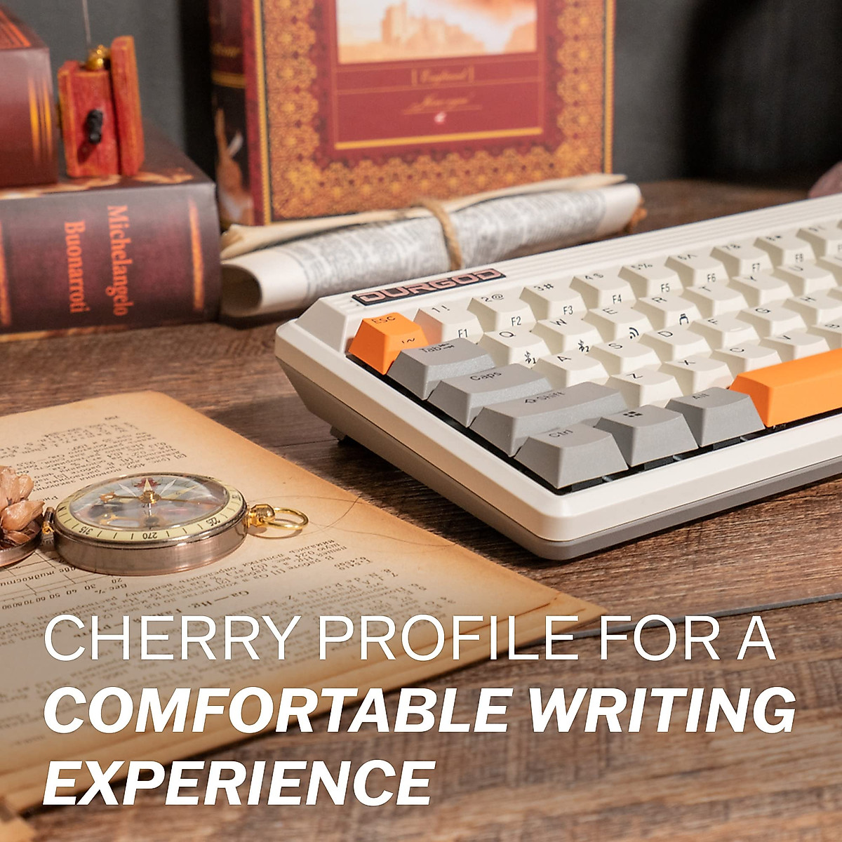 DURGOD Fusion Mechanical Retro Keyboard | 65% Layout | Wireless 2.4 GHz, Bluetooth 5.0, USB C | Doubleshot PBT | Up to 40 Days Battery Life | Windows, Android, iOS (Cherry MX Brown, Original)