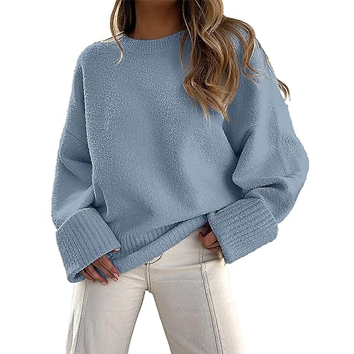 ANRABESS Women's Oversized Crewneck Long Sleeve Fuzzy Knit Casual Chunky Warm 2025 Fall Pullover Sweaters Top Trendy Outfits Grey Blue Large