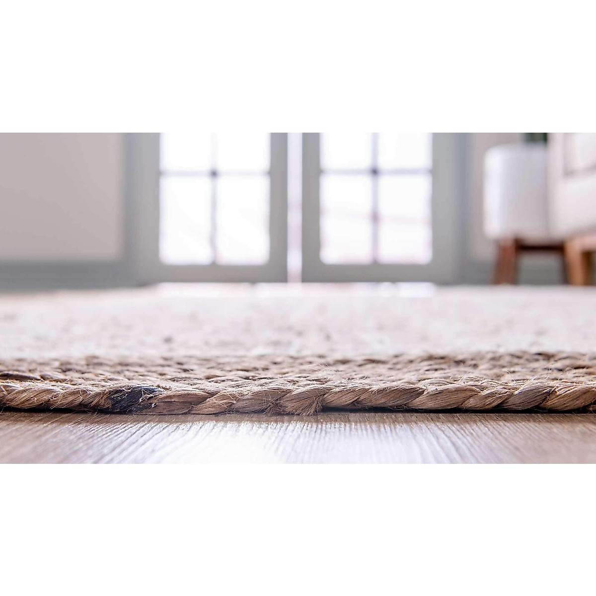 Unique Loom Braided Jute Collection Classic Quality Made Natural Hand Woven with Solid Color Detail, Area Rug, Rectangular 5' 0" x 8' 0", White/Beige