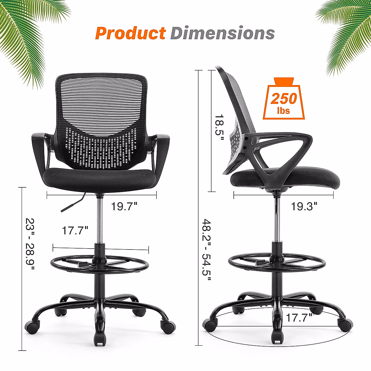 AFO Mid-Back Mesh Tall Drafting Stool Office Chairs with Armrest for Standing Desk Adjustable Foot Ring, Black