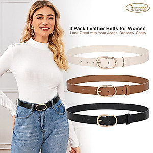 JASGOOD 3 Pack Women’s Leather Belts for Jeans Pants Fashion Ladies Belt with Gold Buckle