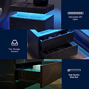 DobleCliCli LED Nightstands, Bedside Table with 2 Drawers, Modern Bedroom Furniture with Changing RGB Light & Remote for Bedroom and Living Room, Black Marble Pattern