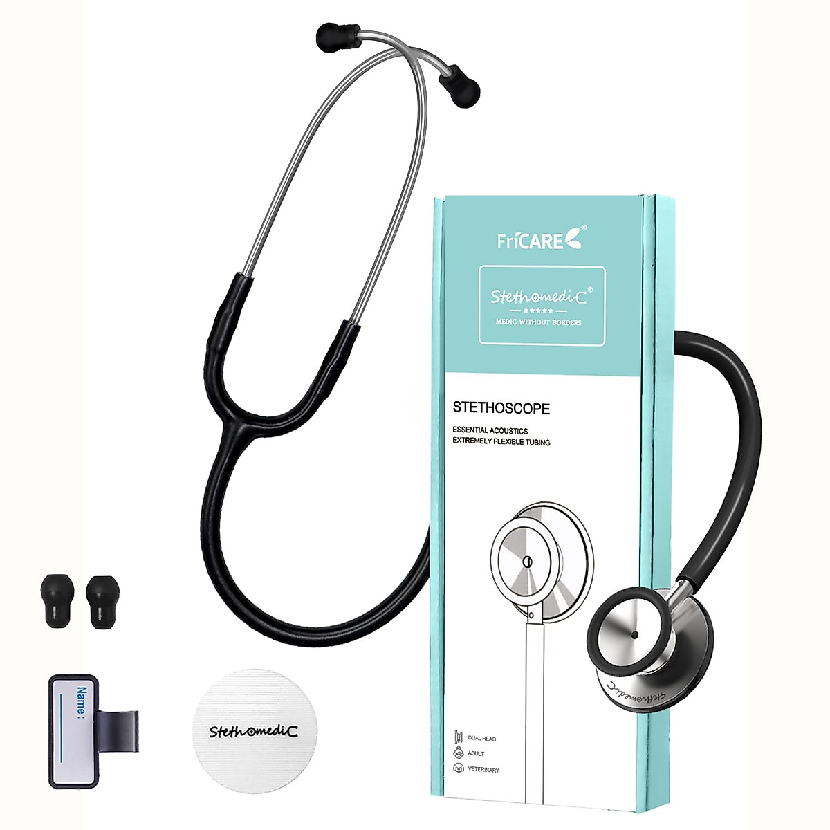 FriCARE Dual Head Stethoscope - Stethoscopes for Nurses, Medical Nursing Students, Paramedics/EMT/LVN/VNA Backup - FSA/HSA Eligible Estetoscopio, Smooth Black Tube, Stainless Steel Chestpiece