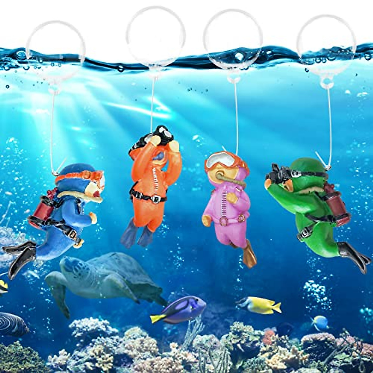 4 Pack Floating Fish Tank Decorations，Cute Little Diver Aquarium Decoration Cartoon Fish Playmate with Floating Device Fish Tank Accessories