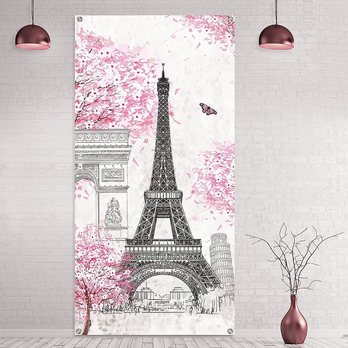 Tatuo Paris Eiffel Tower Backdrop Pink Eiffel Tower Background Banner 70.9 x 35.4 Inch Paris Pink Tree Wall Hanging Decor for Girls Bedroom Living Room Photograph Party Decoration