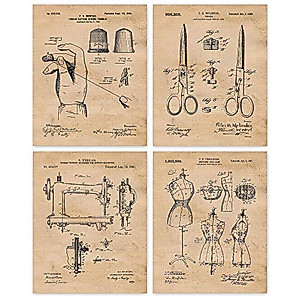 Vintage Sewing Machine Patent Prints, 4 (8x10) Unframed Photos, Wall Art Decor Gifts Under 20 for Home Office Salon College Student Teacher School Fashion Design Hobbies Craft Craftsman Dress Tailor