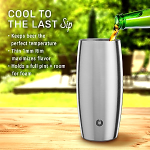 SNOWFOX B10017-01 Premium Vacuum Insulated Stainless Steel Beer Glass -Home Bar Accessories -Elegant Bartending - Lightweight Pint Glasses -Sleek Drinkware -Frosty Beverages Stay Cold -18oz, Set of 2