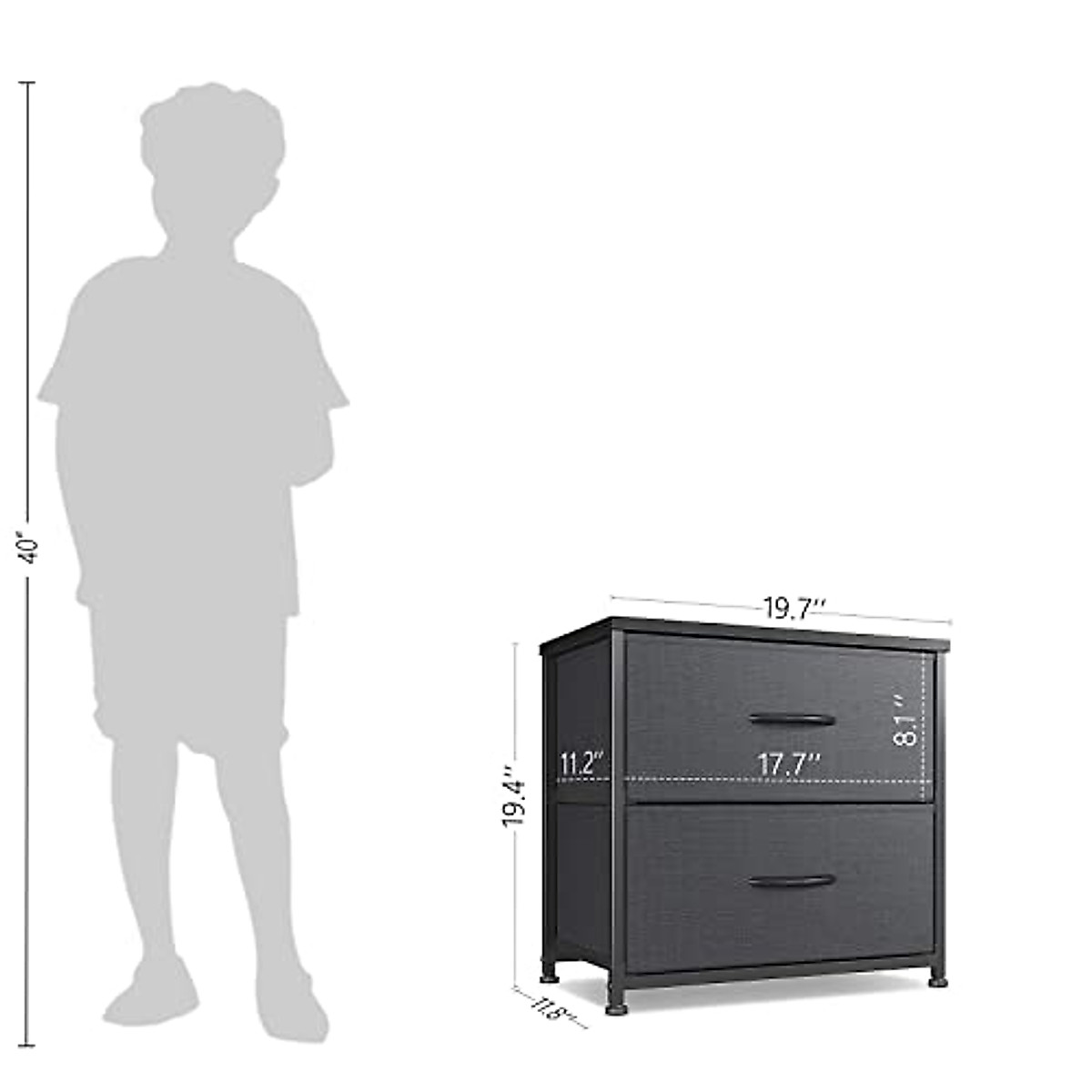 CubiCubi Dresser Nightstand for Bedroom, Small Kids Bedroom Fabric Tall Dresser 2 Drawer Storage Tower Organizer Unit for Hallway Entryway Closets, Steel Frame Wood Top, Black Grey