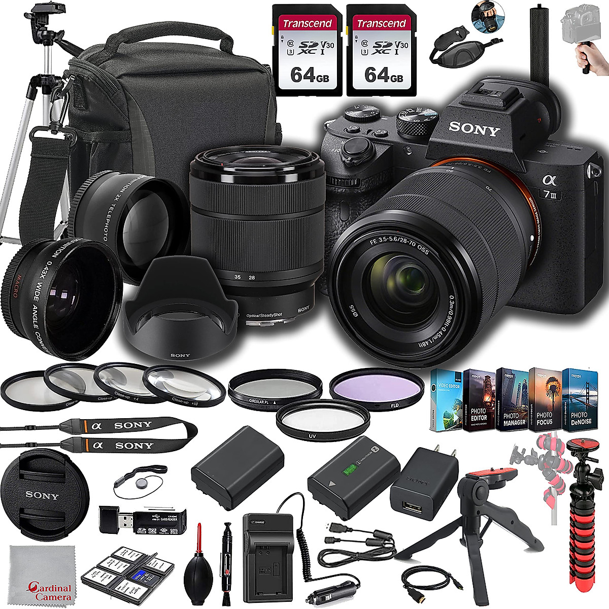 Sony a7 III Mirrorless Digital Camera 24MP w/ 28-70mmmm Lens ILCE-7M4K/B, 128GB Memory.43 Wide & 2X Lenses, Case. Tripod, Filters, Hood, Grip,Spare Battery & Charger, Software Kit -Deluxe Bundle
