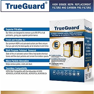 TrueGuard Air Purifier Replacement HEPA Filters FLT4100 Filter E | 2 Pack with 6 Pre-cut Activated Carbon Prefilters | Compatible with GermGuardian Models AC4100 Series, AC4150 Series & More.