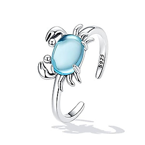 Cute Crab Sterling Silver Open Statement Rings for Women Blue Diamond Crystal CZ Wedding Engagement Ring Eternity Promise Band Adjustable Finger Bands Lovely Jewelry
