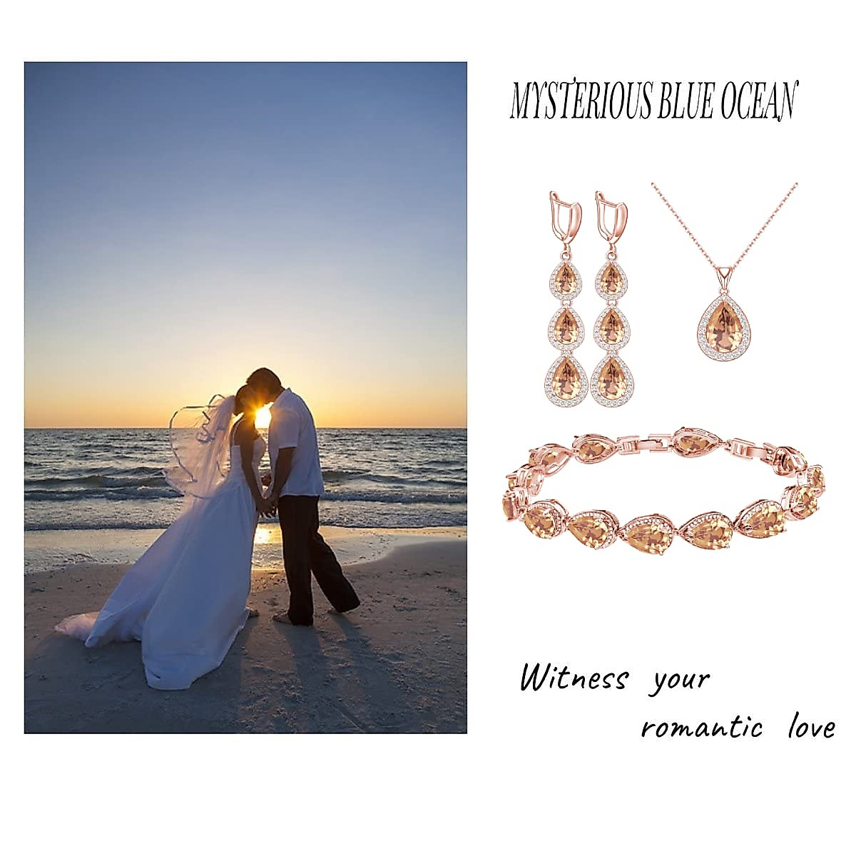 LMXXVJ Rose Gold Plated Necklace Long Earrings Bracelet Jewelry Set,Teardrop Champagne Cubic Zirconia Women's Jewelry Sets Prom Wedding Birthday/Anniversary Mother’s Day Jewelry Gifts