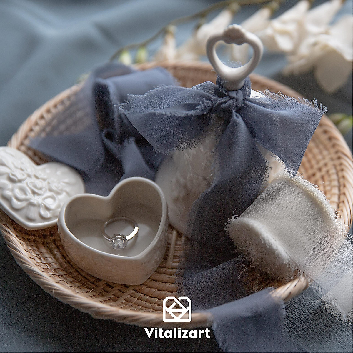 Vitalizart 3 Rolls Handmade Fringe Chiffon Silk Ribbon Gauze 1.5" x 7Yd Cream & Green Ribbons Set for Wedding Invitations, Bridal Bouquets, Gifts Wrapping, DIY Crafts