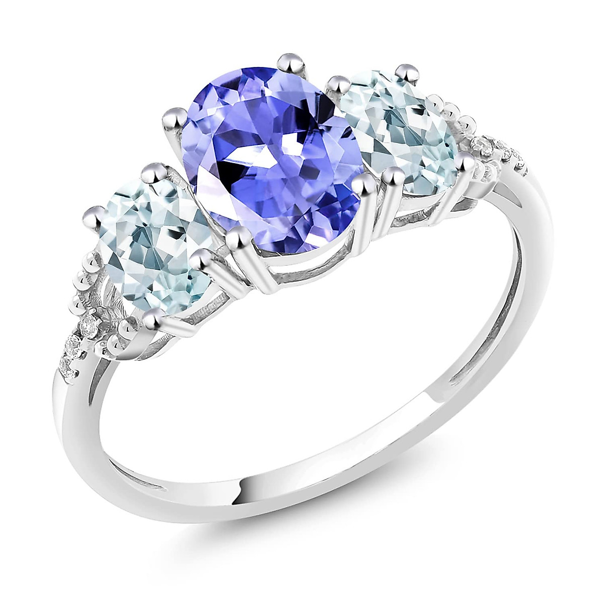 Gem Stone King 10K White Gold Blue Tanzanite Sky Blue Aquamarine & Diamond Accent 3-Stone Engagement Ring | 2.07 Cttw | 3 Stone Wedding Engagement Anniversary Promise Ring For Women (Size 5)