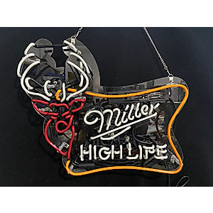 ZZYA Shipping from USA, 17''x14'' Miller High Life Neon Signs Real Glass Light Sign Home Beer Bar Pub Recreation Room Wall Decoration Gifts (Miller Buck, RT082), 17''/42cm Frame Widest Point