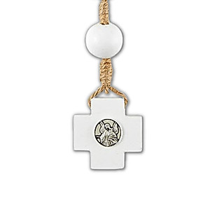 Guardian Angel Door Knob Rosary with Large White Beading, Religious Keepsake Prayer Beads, 12.5 inches