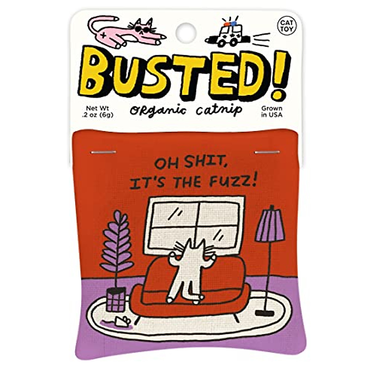 Blue Q Busted! Oh Shit, It's The Fuzz! Catnip Cat Toy. Premium Organic Catnip Grown in The USA, 100% Cotton Pouches, Kitty Graphics Sure to Delight Every Cat-Keeper.