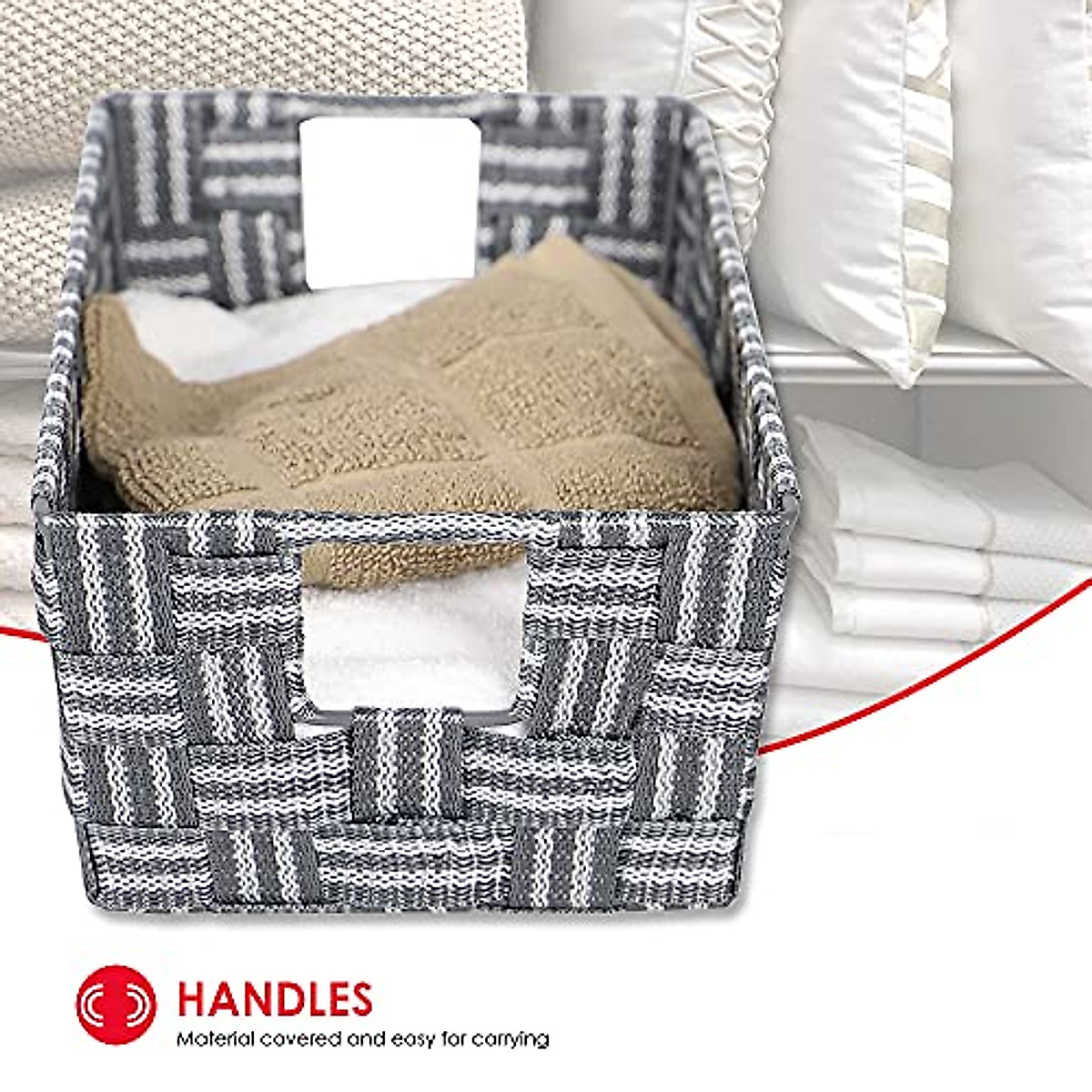Home Basics Stripe Woven Strap Storage Bin | Various Black | Blue | Brown | Grey | Great for Storage | Metal Frame | Lightweight with Handles | Sturdy Construction (Grey, Small)