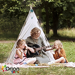 Teepee Tent for Kids - Indoor Tent, Pompon Ball Design, Built-in Mat, Inner Pockets, Window, LED Star Lights, Dream Catcher, Unique Threaded Poles - Strong Foldable Play Tent for Girls & Boys.