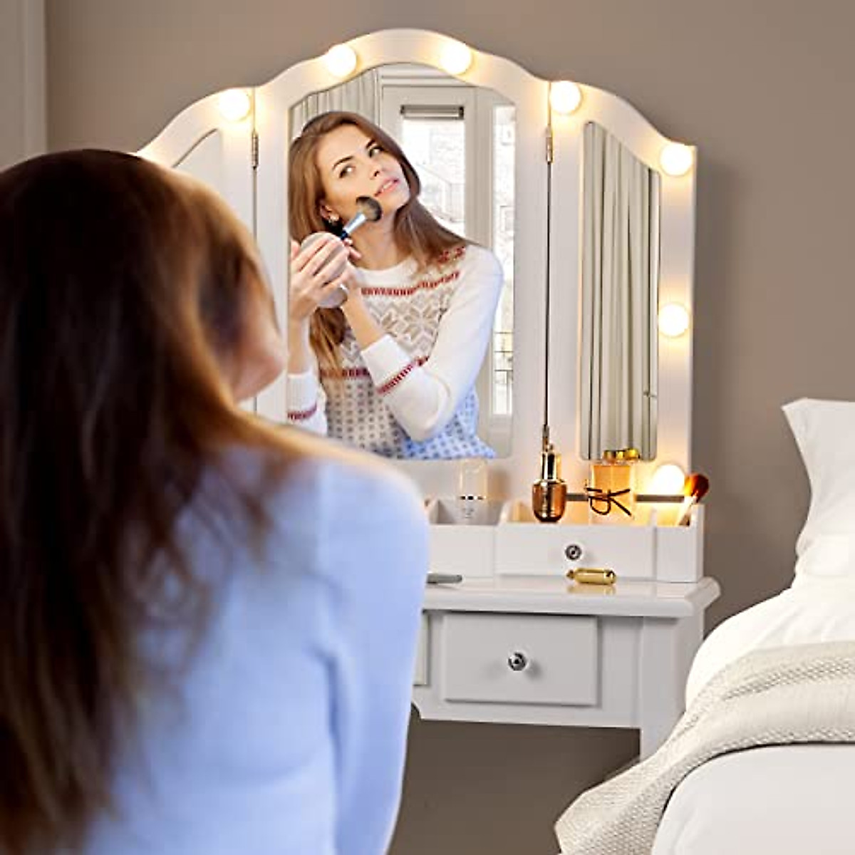 Vanity Desk with Mirror and Lights Makeup Vanity with Lights and Tri-Folding Mirror,Vanity Table with Lights,Makeup Vanity with Drawers,Vanity Mirror with Lights Desk and Chair Makeup Desk for Girl
