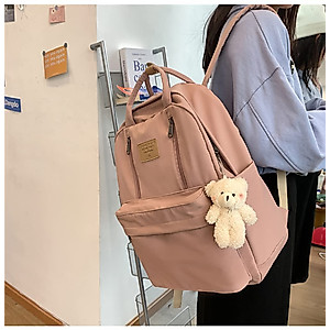 AONUOWE Preppy Backpack with Plushies Cute Backpack for Teen Girls Light Academia Bookbags Solid Aesthetic School Bag (Pink)
