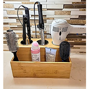 HHE Bamboo Hair Dryer Holder For Bathroom Hair Accessories Curling Iron Styling tools Makeup Cosmetics Organizer for Countertop Wall Mountable All Natural Bamboo