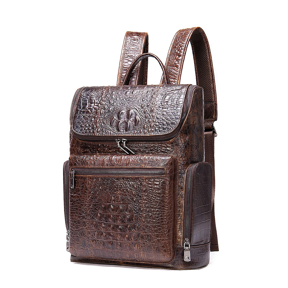 Premium Leather 14 Inch Laptop Backpack Large Capacity Daypack for Travel Hiking Camping, Crocodile Embossed Black