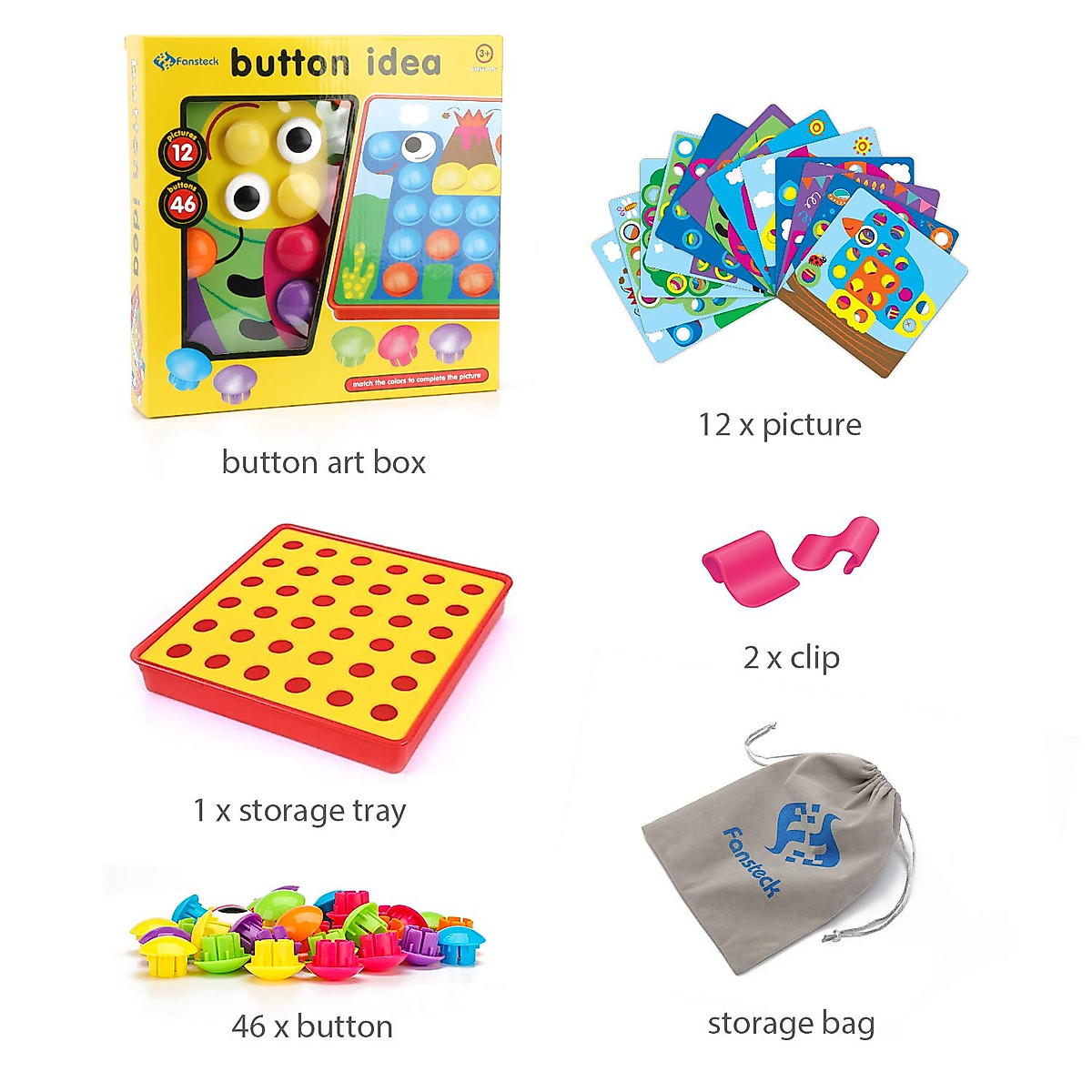 Fansteck Button Art Toy for Toddlers, Color Matching Early Learning Educational Mosaic Pegboard, Safe Nontoxic ABS Plastic Premium Material, 12 Pictures and 46 Buttons,with a Bag Easy to Storage