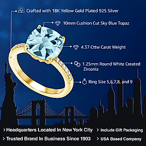Gem Stone King 18K Yellow Gold Plated Silver 10MM Cushion Gemstone Birthstone Engagement Ring | Wedding Anniversary Promise Ring For Women | Available In Size 5, 6, 7, 8, 9