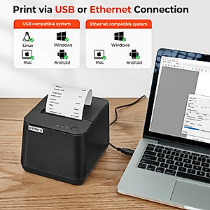 MUNBYN Thermal Receipt Printer P075, 3 1/8" 80mm POS Printer, USB Receipt Printers with Auto Cutter Support Cash Drawer, USB Serial Ethernet Interface for Windows/Android/Mac/Linux