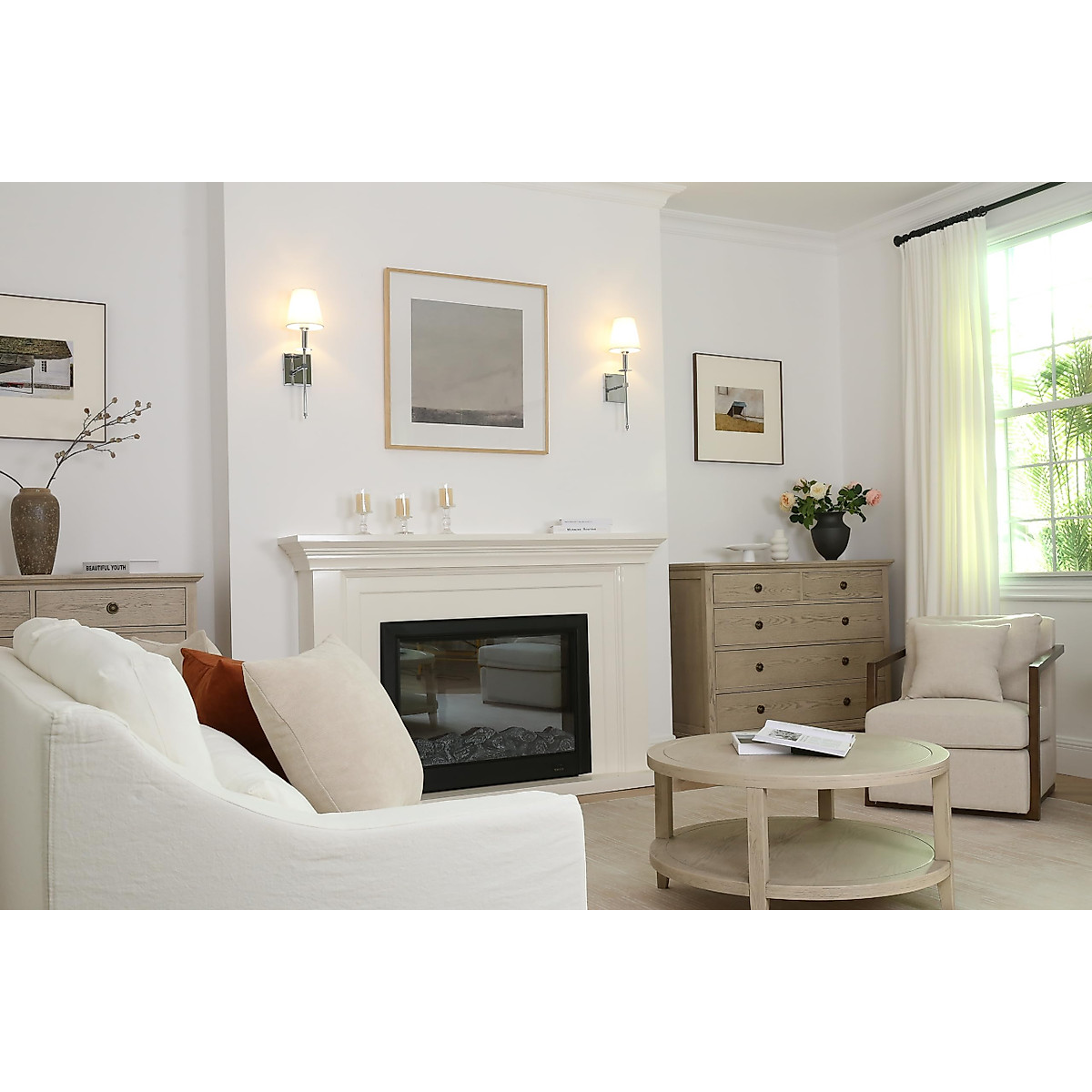 PERMO Set of 2 Classic Rustic Industrial Wall Sconce Lighting Fixture with Flared White Textile Lamp Shade and Antique Brass Tapered Column Stand