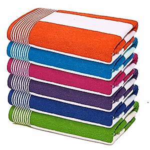 Terry Cabana 100% Cotton Bath Towels, Quick Dry Set of 6 Pack, (30" x 60")- Cabana Stripe - Microfiber Large Towel for Pool, Bath, Sport, Yoga, Camping, Swimming, Highly Absorbent, Light Weight & Soft