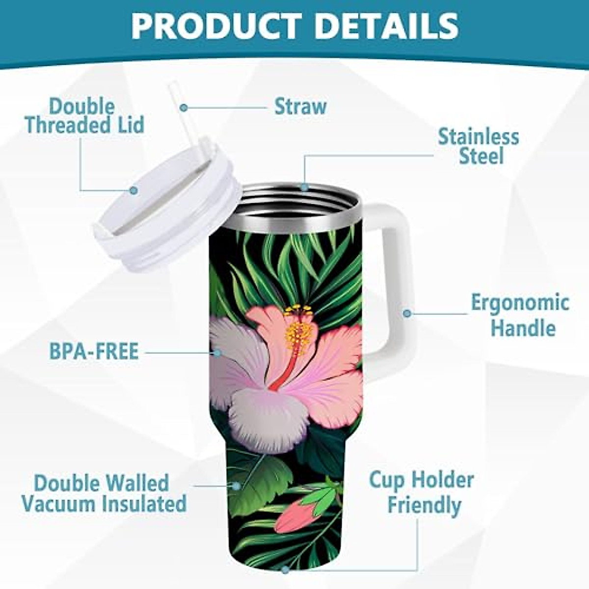 Burbuja Hibiscus Flowers 40oz Insulated Tumblers with Handle and Straw Lid, Double Wall Stainless Steel Travel Mug Leak-Proof, BPA Free, Gift for Mom Dad