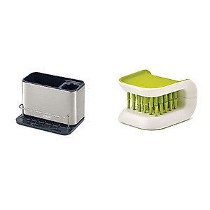 Joseph Joseph 85112 Surface Sink Caddy Stainless Steel Sponge Holder Organizer Tidy Drains Water, Silver & BladeBrush Knife and Cutlery Cleaner Brush Bristle Scrub Kitchen Washing Non-Slip, Green