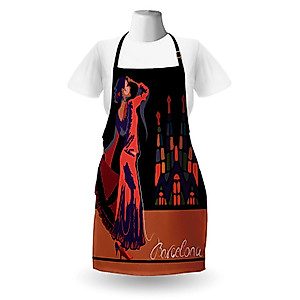 Ambesonne Spanish Apron, Traditional Dancer Woman in Barcelona City with Historical Architecture Vibrant, Unisex Kitchen Bib with Adjustable Neck for Cooking Gardening, Adult Size, Black Red