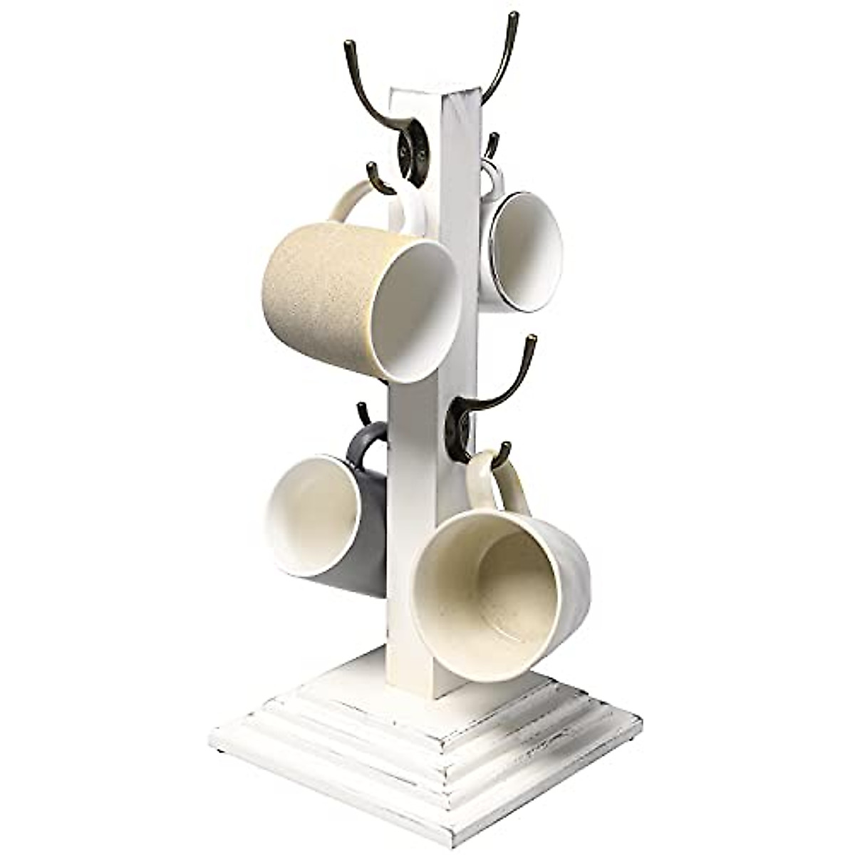 MyGift Vintage White Wood Tabletop Coffee Mug Holder Hanging Tree Rack with 4 Antique Brass Tone Double Hooks