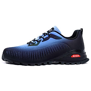 SKOKOD Steel Toe Shoes for Men Slip On Resistant Puncture Proof Safety Shoes Lightweight Breathable Tennis Warehouse Work Shoes（Black Blue 7.5）