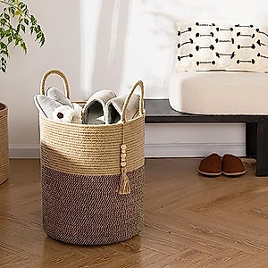 CherryNow Tall Laundry Hamper Woven Storage Basket, Shoe Basket for Entryway, Blanket Basket Living Room, Decorative Basket for Toys, Clothes, 15 x 17.7 Inches, Black & Jute