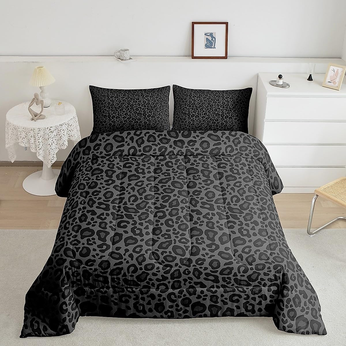 Castle Fairy Gray Wild Animal Skin Boys Girls Comforter Set Full Size,Leopard Print Duvet Set Teens Bedroom Decor,African Cheetah Wildlife Microfiber Soft Bedding