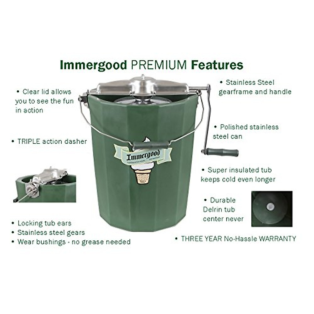 PREMIUM 6 qt. - Immergood Stainless Steel Ice Cream Maker - Hand Crank