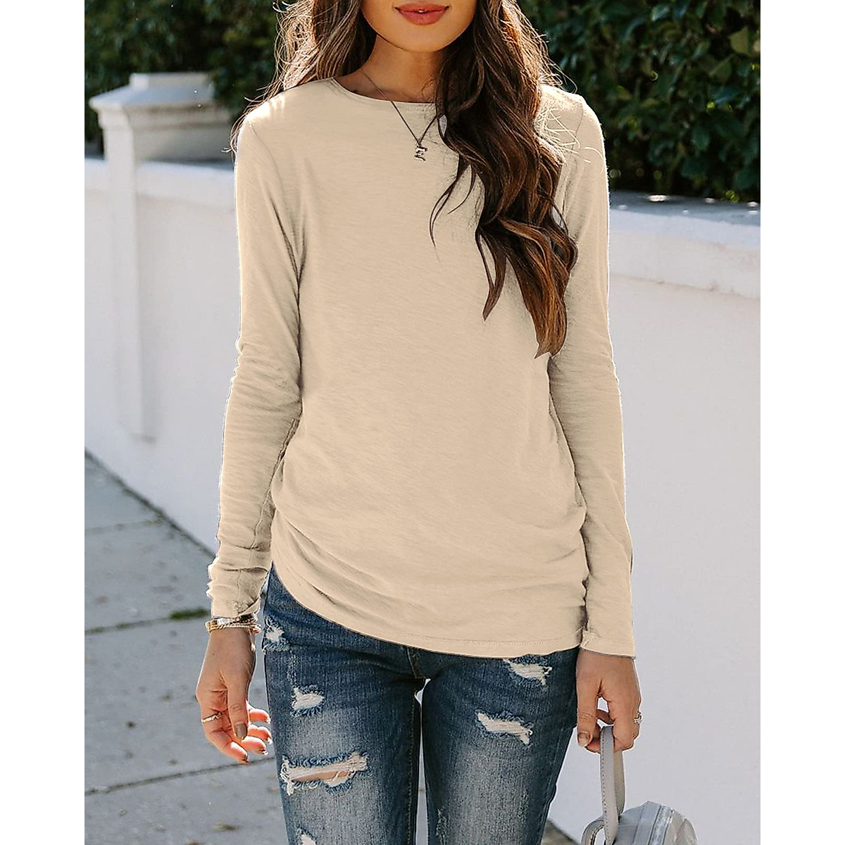 Sherosa Cute Tops for Women Trendy Fall Crew Neck Long Sleeve T Shirts Casual Tees Cream,XL