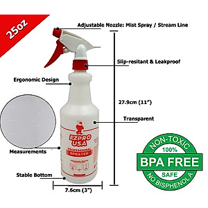 EZPRO USA 24 oz Empty Spray Bottles for Cleaning Solutions, Spray bottle 24oz, Professional Industrial Commercial with Measurements Mist Line Sprayer, Transparent, Pack of 3