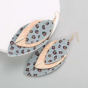 Boho Layered Leather Leaf Earrings for Women Girls Vintage Leopard Print Long Big Summer Statement Drop Dangle Hook Stud Lightweight Vintage Bohemian Beachy Jewelry (Blue)
