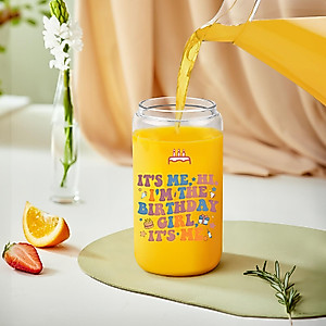 I'm The Birthday Girl Glass Cup, Glass Cups with Lids and Straws, 16 oz Drinking Glasses Tumbler with Straw and Lid, Iced Coffee Cup with Bamboo Lids, Glass Can Coffee Cups, Birthday Gifts for Women